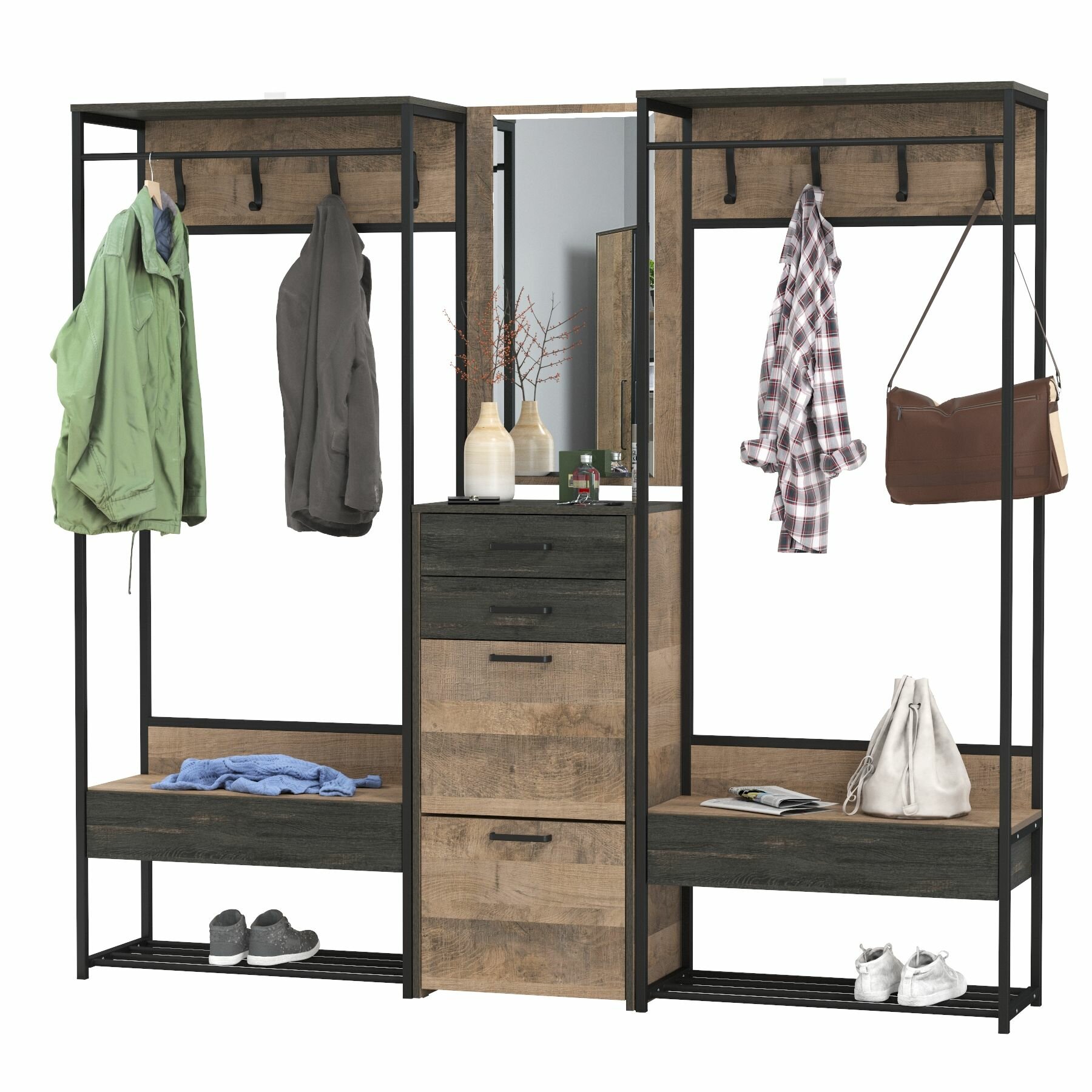 Оригинальная прихожая в стиле лофт Трувор № 245, цвет дуб гранж песочный/интра, ШхГхВ 210х37х194,2 см.