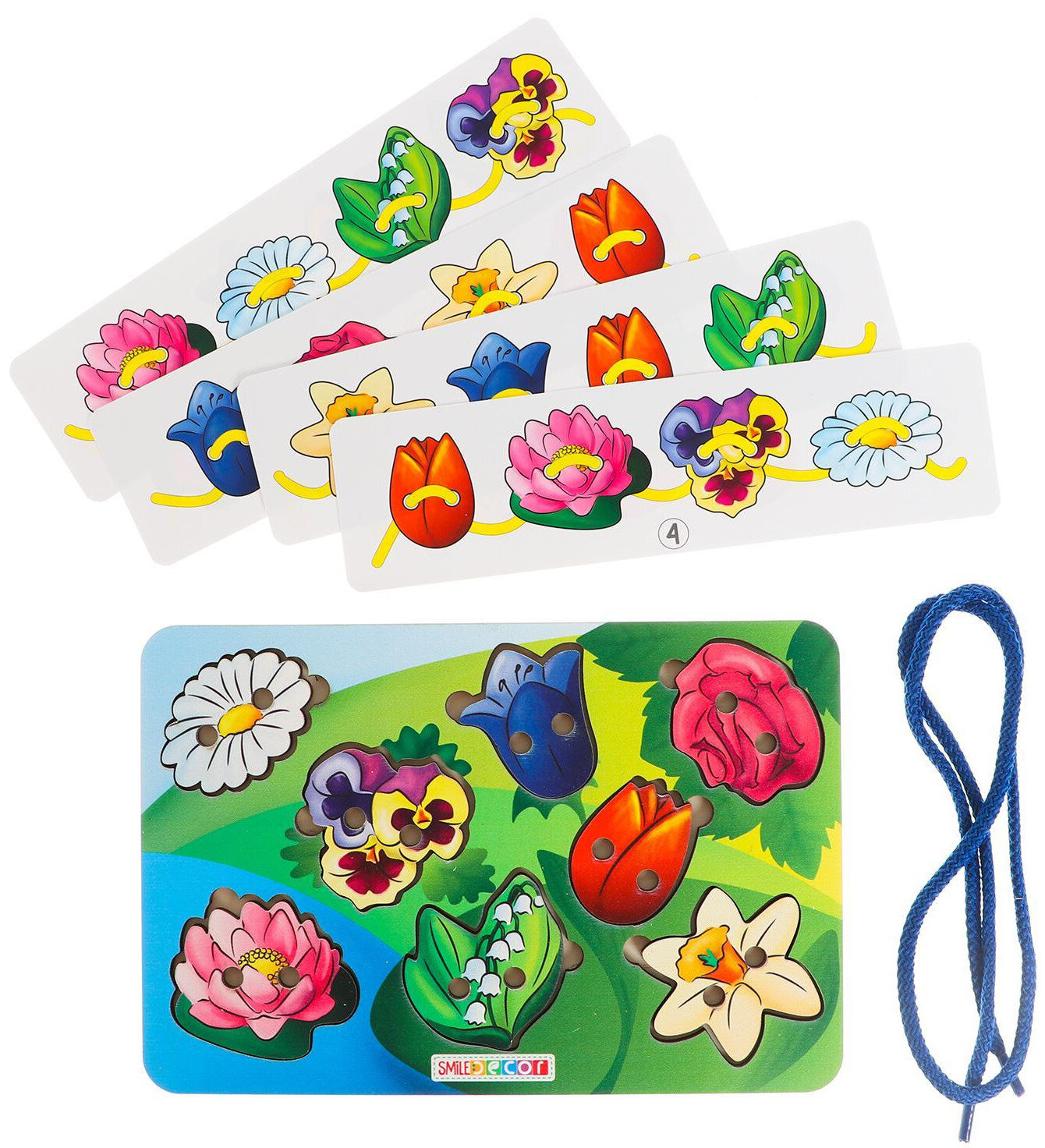 Развивающая игра-шнуровка "Цветы" для детей, деревянная рамка-вкладыш на развитие мелкой моторики рук, собери по образцу, игровой набор из деревянных элементов с карточками и шнурком