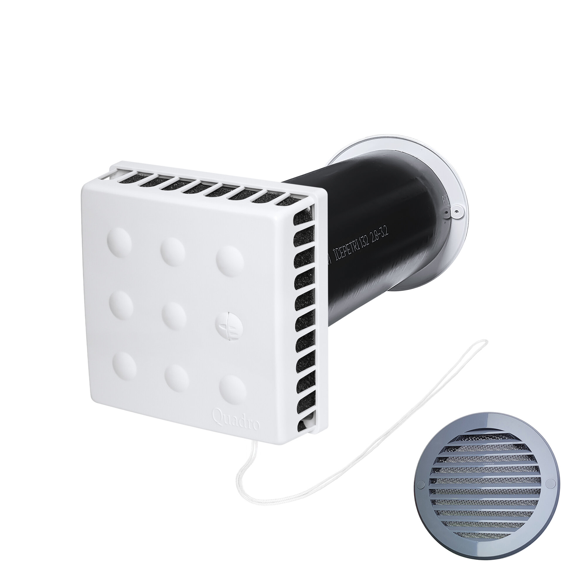 Приточный клапан КИВ-125 quadro 200 мм с к. базальтом и серой ASA-пластиковой решеткой