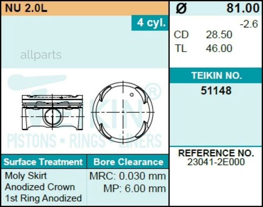 TEIKIN 51148 STD Поршни (к-т 4 шт) STD HYUNDAI IX35 13-15/OPTIMA 15-20 G4NA