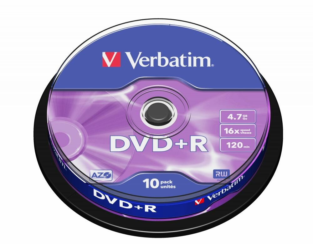 Оптические диски Verbatim DVD+R 4.7 ГБ 16X AZO серебристый матовый 10 шт. на шпинделе