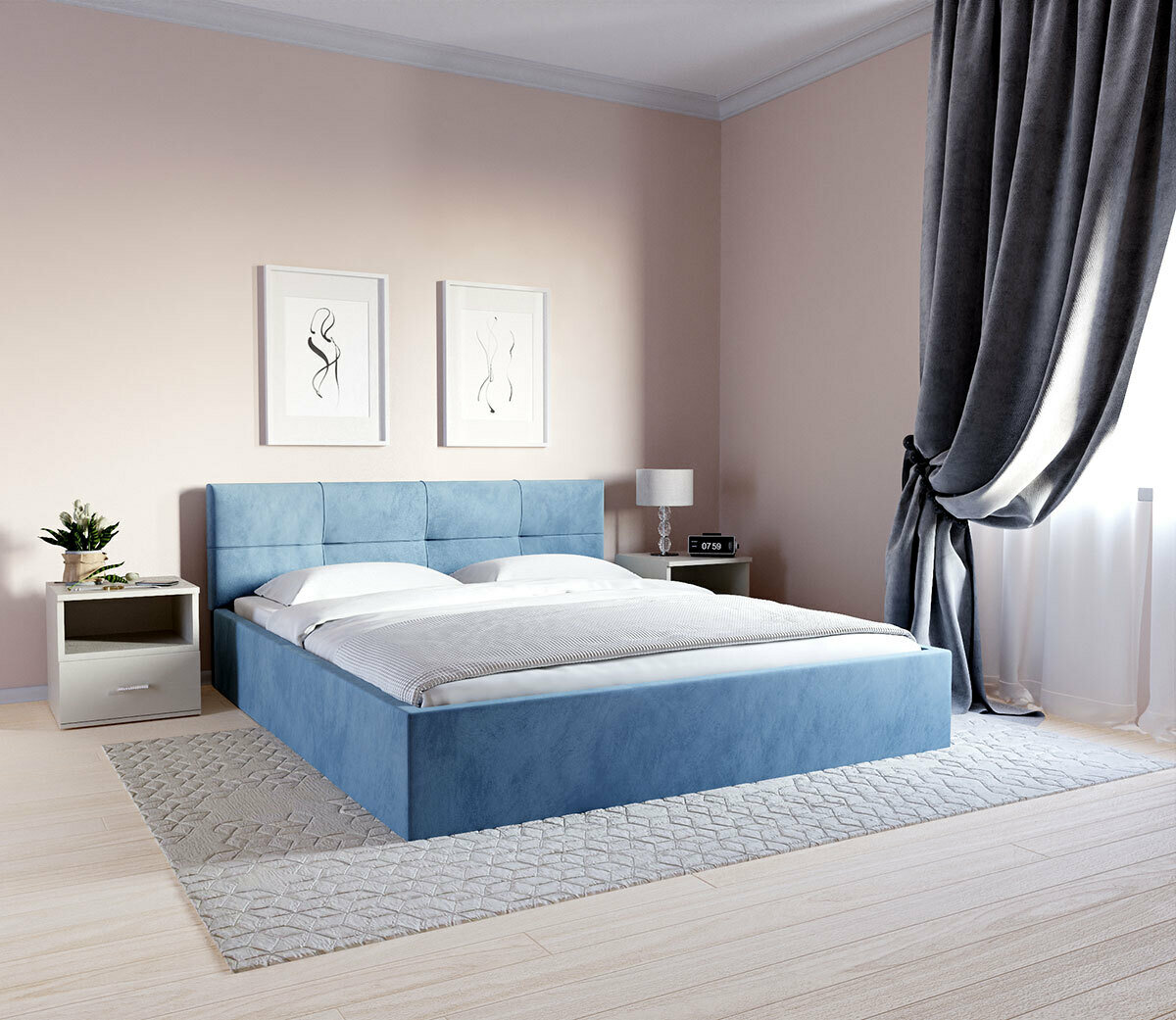 Мягкая кровать с подъемным механизмом NS Optima Lait синий велюр, 120х200, без ножек