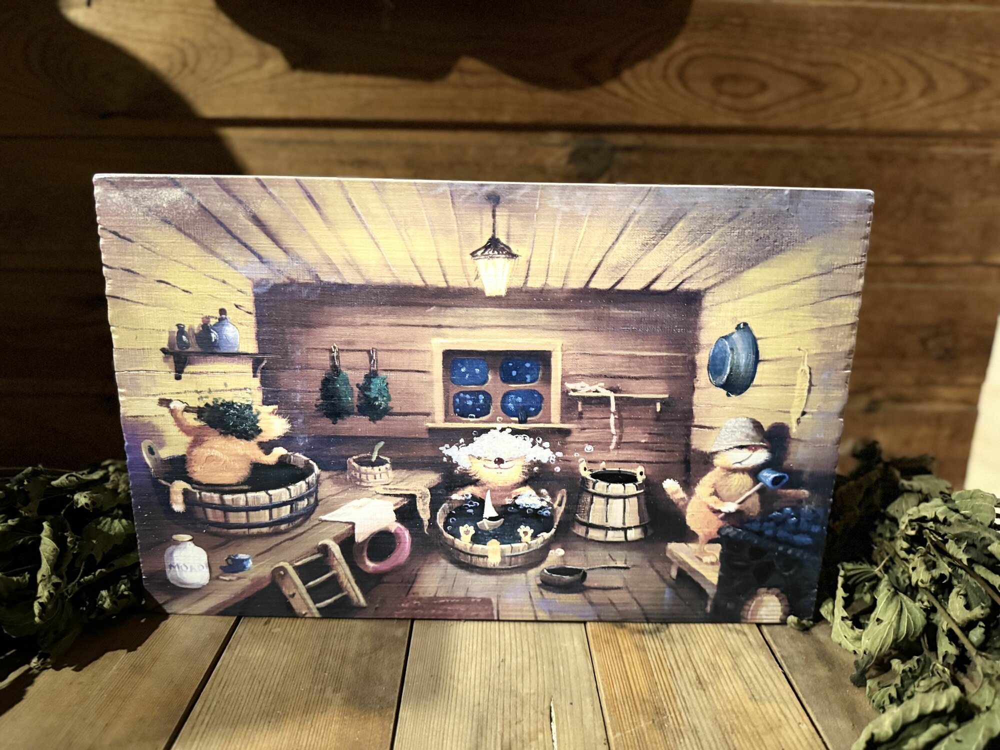 Табличка для бани Оберег - Три кота намывались до утра 20х30см