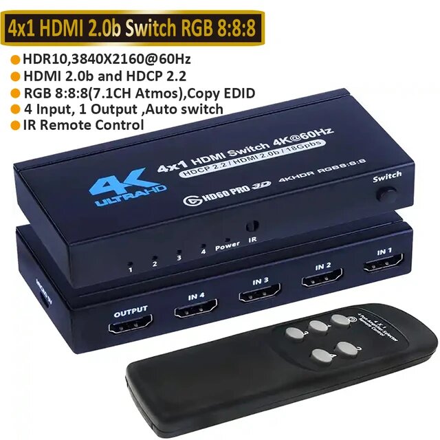 TITAK 4-портовый HDMI-переключатель 4K HDMI 4X1, US power Adapte