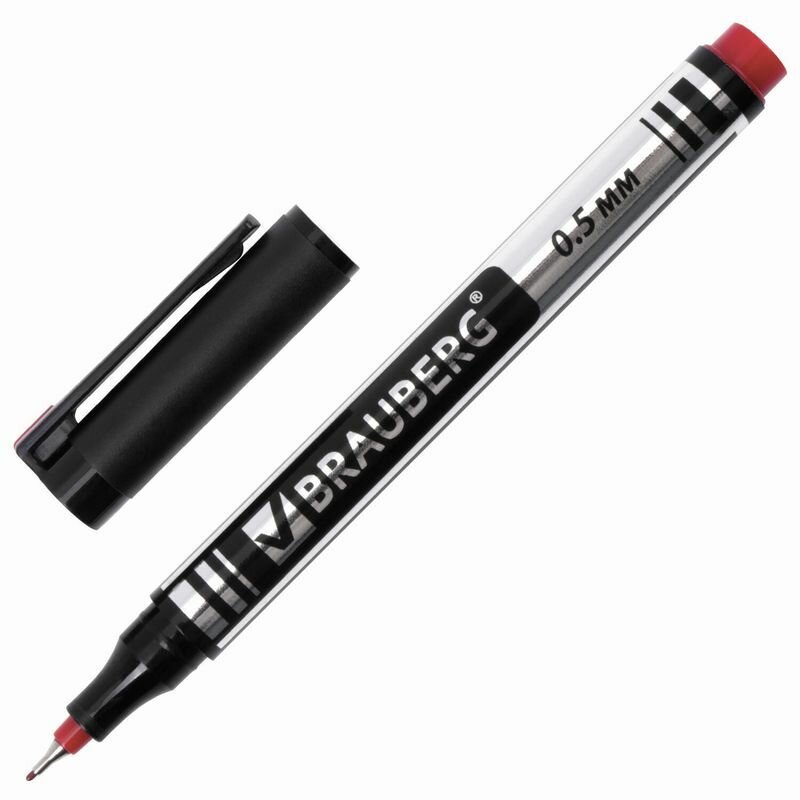 Маркер перманентный (нестираемый) BRAUBERG "Jet", красный, супертонкий металлический наконечник, 0,5 мм (3 штуки в упаковке)