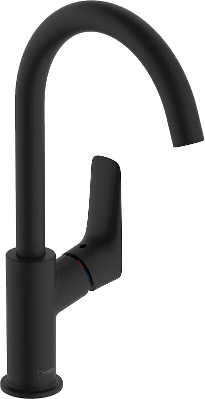 Смеситель для раковины Hansgrohe Logis 71130670 черный, матовый, кран для ванной в раковину, из латуни, рычажный, с поворотным изливом, с керамическим картриджем, с функцией экономии расхода