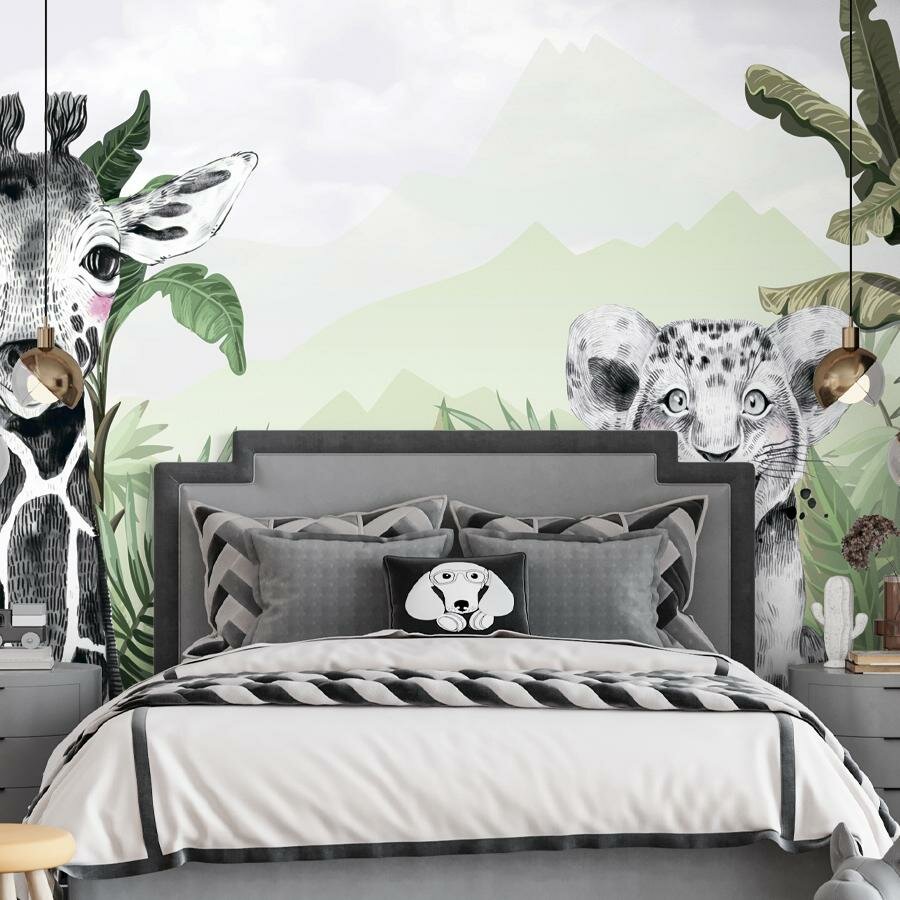 Фотообои Жираф и тигренок 14-431-L-Флок 270 x 400 см (ВхШ) Бесшовные, флизелиновые, влагостойкие обои MasterFresok