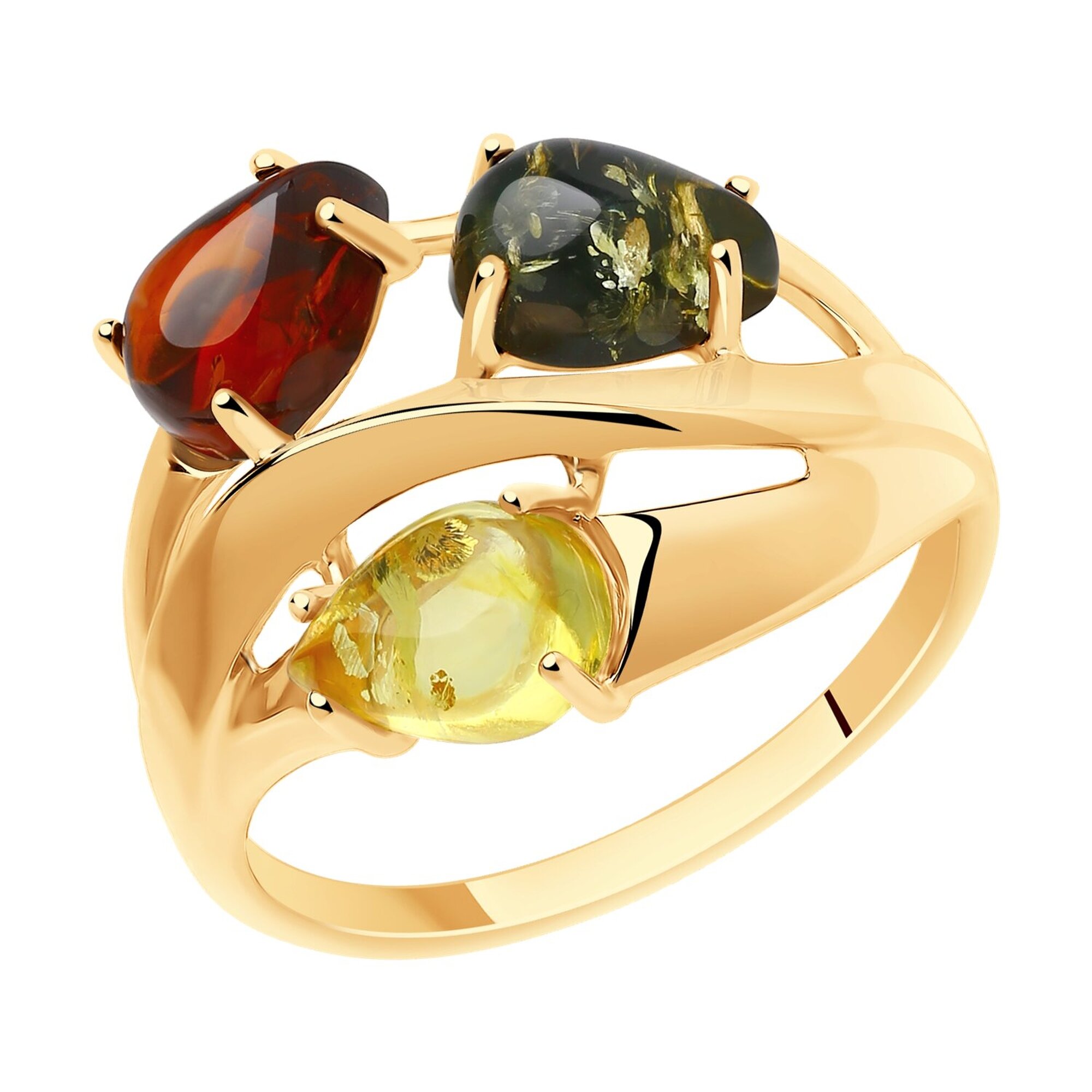 Кольцо, серебро, 925 проба, золочение, янтарь