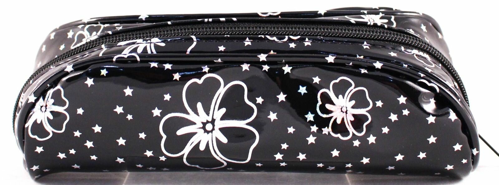 Пенал-косметичка школьный Проф-пресс с блестками, белые цветы и звезды на черном (ПН-2808)