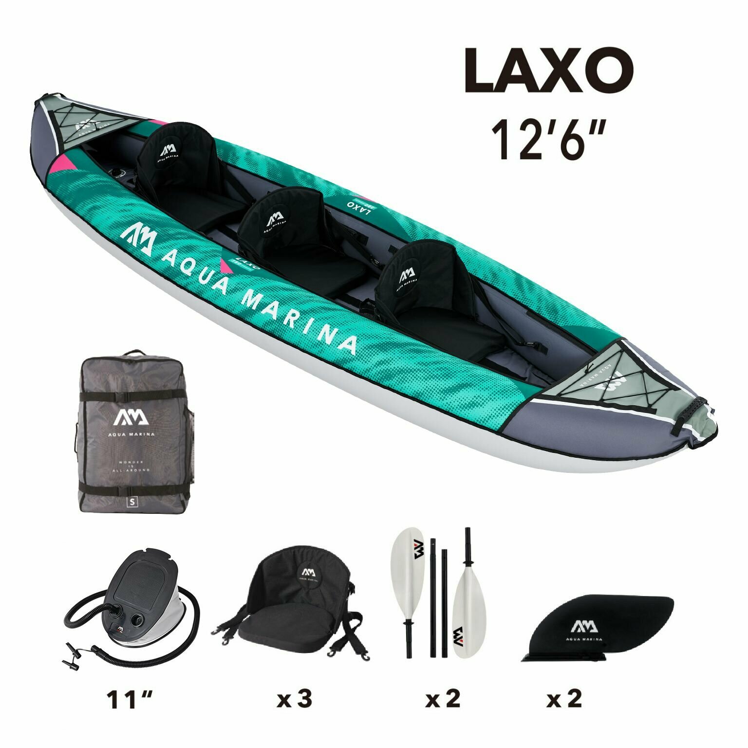 Каяк надувной трехместный Aqua Marina Laxo-380 12'6" (380см), до 210 кг, с 3 высокими сиденьями и веслами