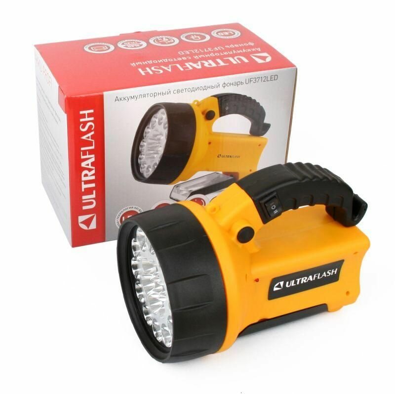 Фонарь аккумуляторный UF3712LED 19LED аккум. 4В 2А. ч 220В/12В пластик. желт. (кор.) Ultraflash 8310