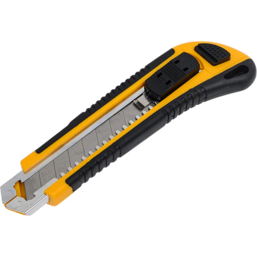 Малярный нож TOLSEN автоблокировка 18 мм +3 лезвия 30003, резиновая, обрезиненная рукоять, стальная лезвия с выдвижной