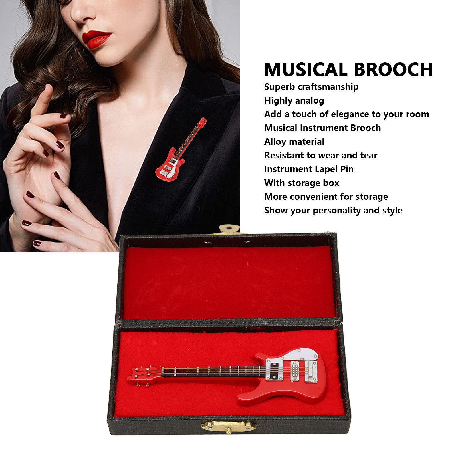 Брошь с электрическим басом, миниатюрная модель баса ручной работы, красная брошь с закругленными углами, музыкальный инструмент, брошь для любителей музыки