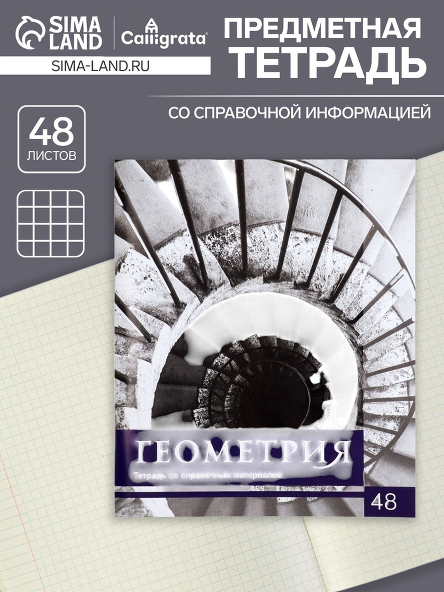 Тетрадь предметная 48 листов в клетку Calligrata, «Чёрное-белое. Геометрия», обложка мелованная бумага, серые листы