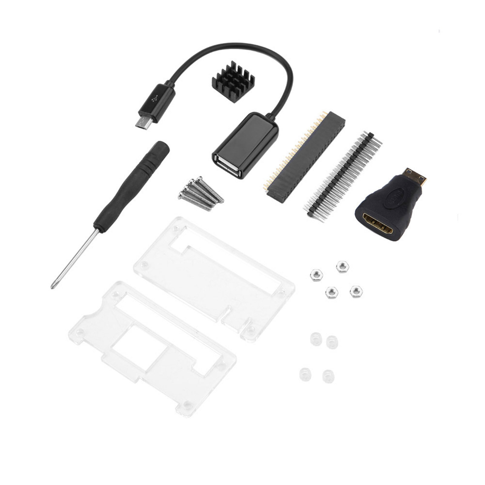 1 Set X Basic Suite Kit Accessories Для Raspberry Pi Zero W / Zero, Включающий mico USB to OTG Cable, mini HD Multimedia Male To Female Head, Screwdriver, 40P Pin Female, Heat Sink, 40P Pin, 2 Shell, Heat Sink, Screw Accessories