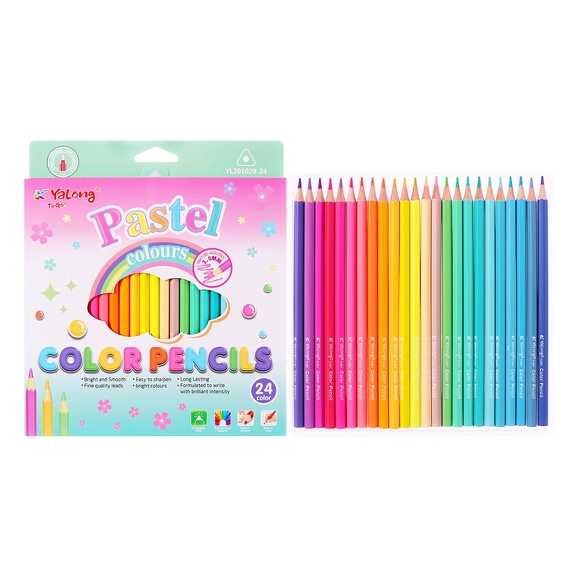 Карандаши 24 цвета в картонной коробке, треугольные, деревянные, Пастель микс