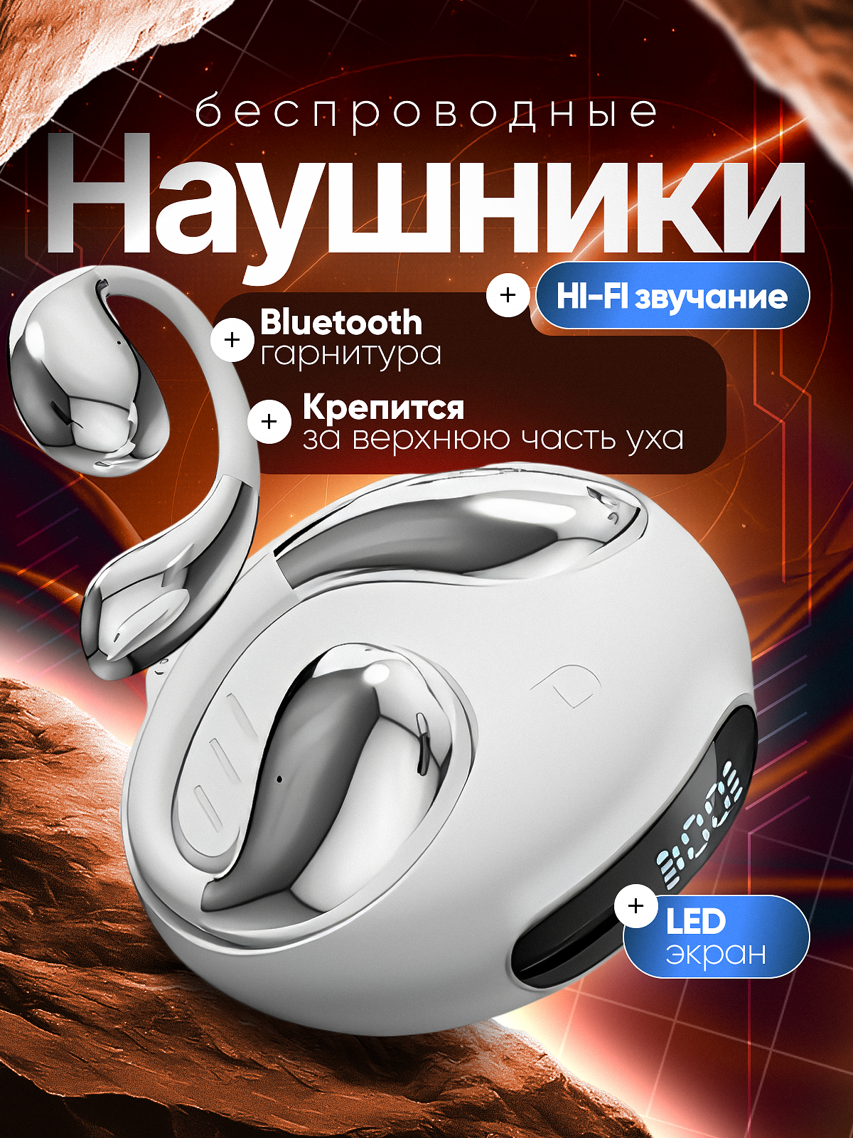 Беспроводные наушники, накладные, крепление на ухе, влагозащита