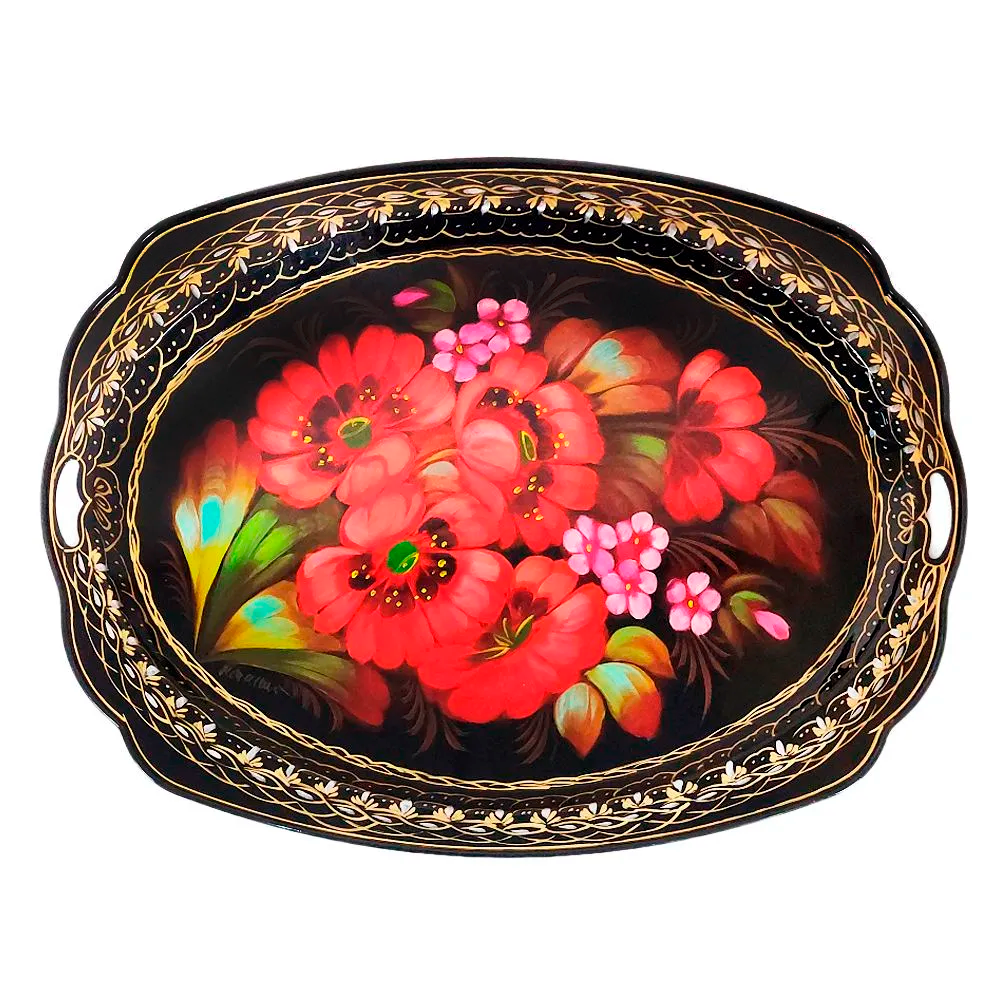 Поднос металлический, овальный, "Красные цветы", жостово 40/30см.