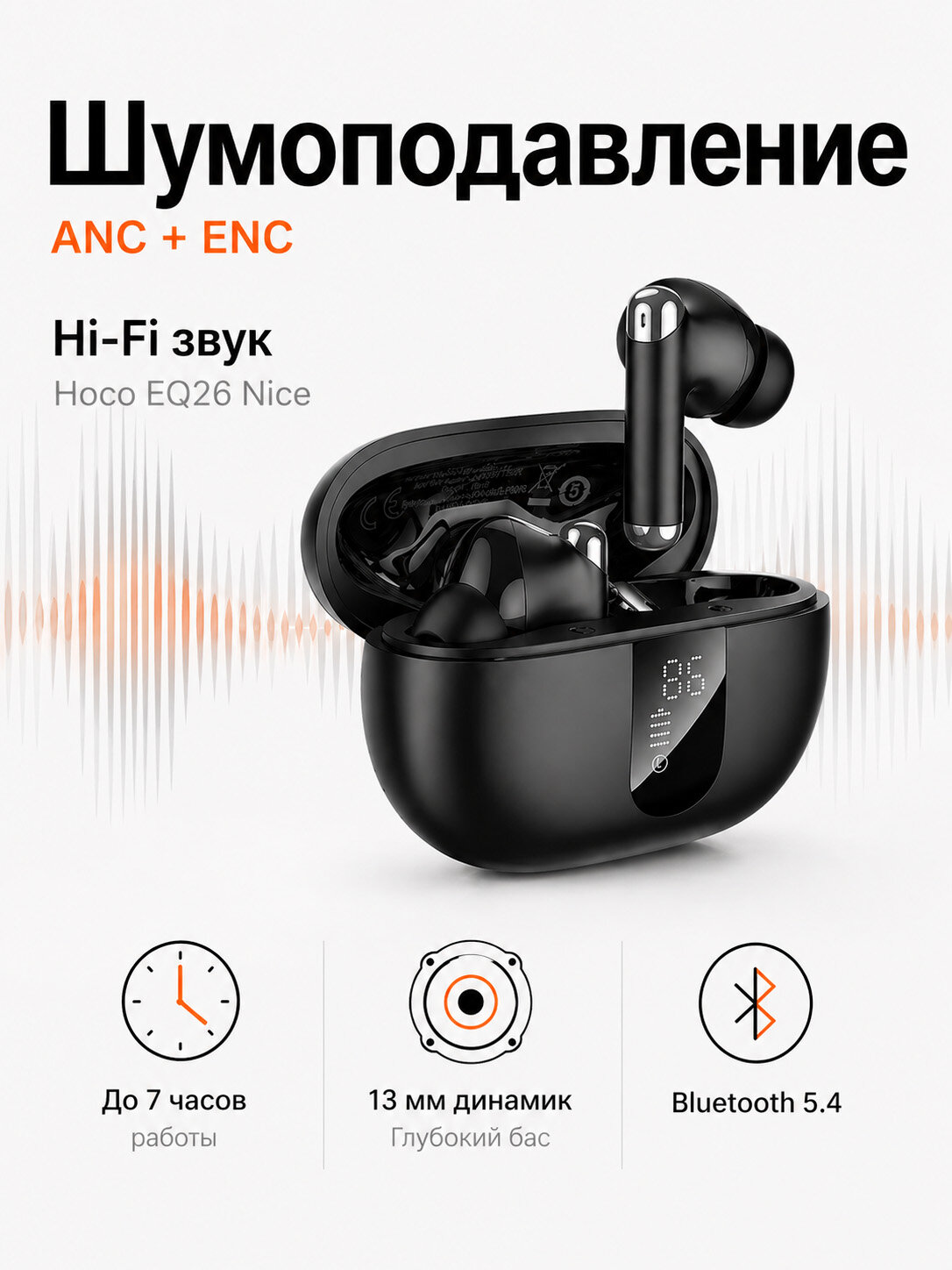 Hoco Беспроводные наушники HOCO EQ26 TWS с шумоподавлением ANC ENC Bluetooth 5.4 черные
