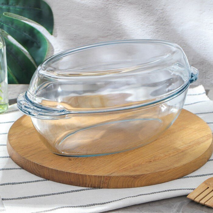 Утятница овальная Paşabahçe, 2,6/1.3 л, с крышкой-формой для запекания, жаропрочное стекло, прозрачная