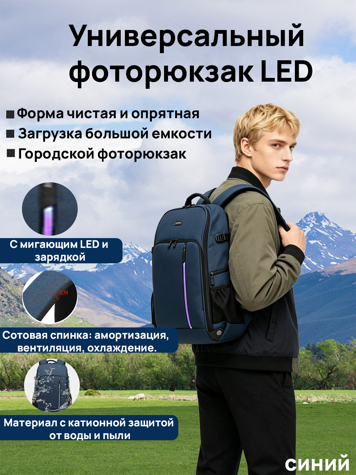 Рюкзак для фотооборудования 15 дюймов, 880 г, голубой