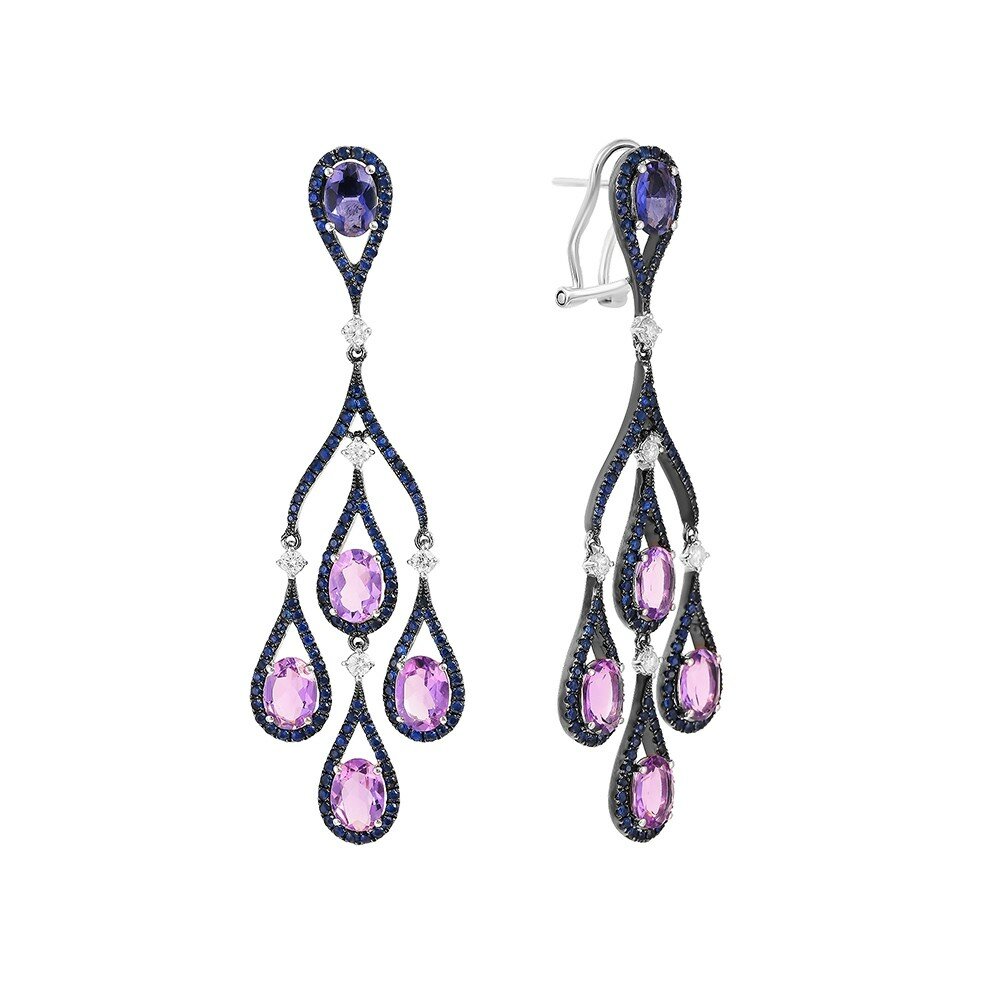 Серьги, золото, 750 проба, бриллиант, сапфир, иолит, аметист