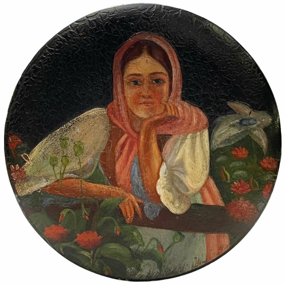 Шкатулка "Девушка у плетня", лаковая миниатюра, 1940-1950 гг, Мстера, СССР