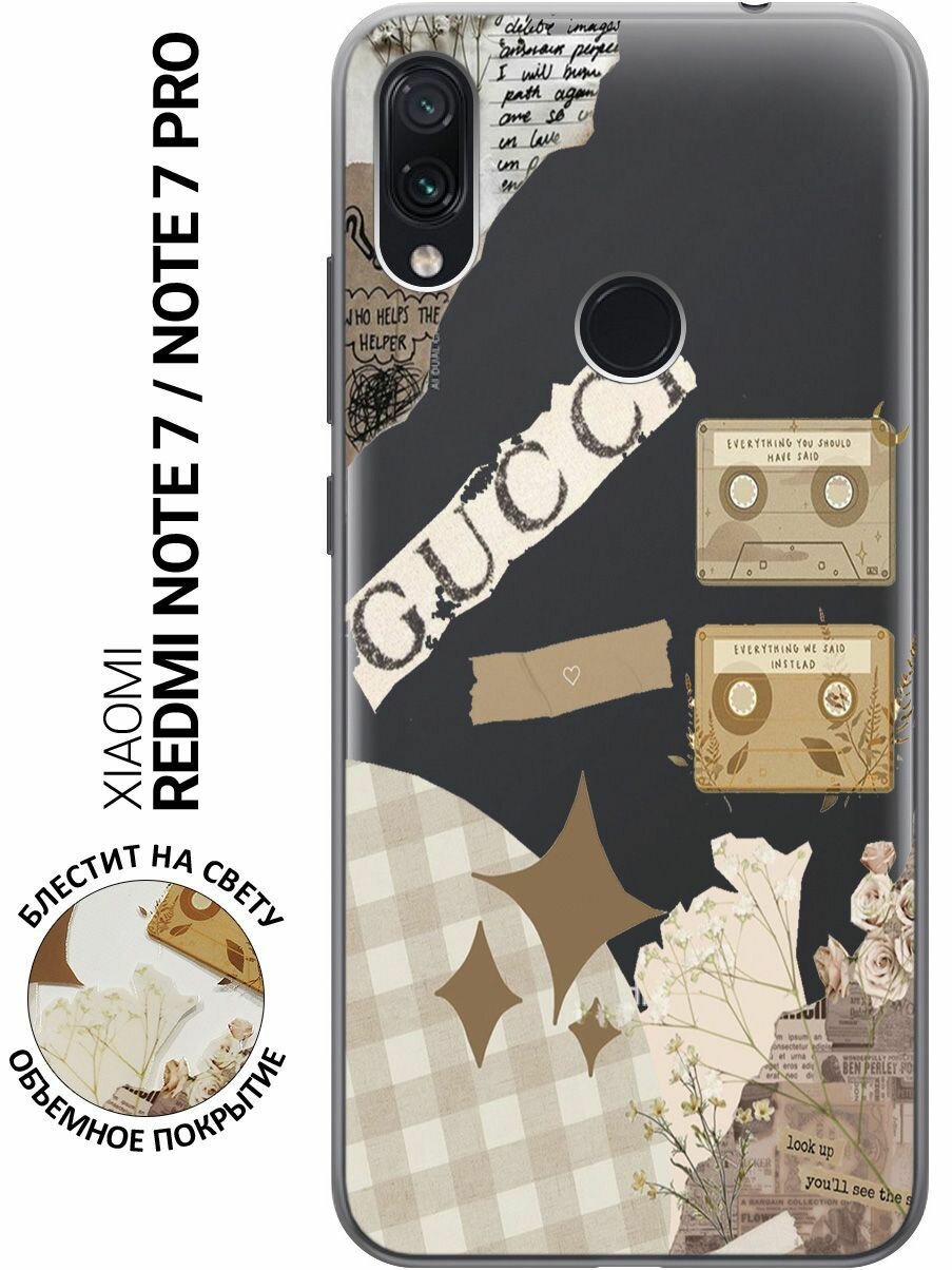 Силиконовый чехол на Xiaomi Redmi Note 7, Note 7 Pro, Сяоми Редми Ноут 7, Ноут 7 Про с 3D принтом "GUCCI Stickers" прозрачный