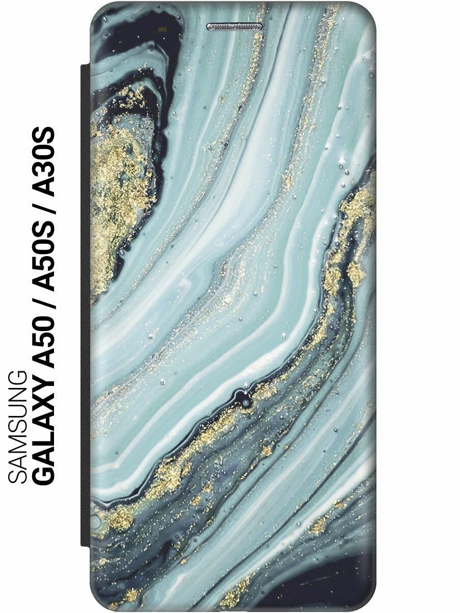 Чехол-книжка на Samsung Galaxy A50, A50s, A30s, Самсунг А50, А30с, А50с с 3D принтом "Зеленый мрамор" черный