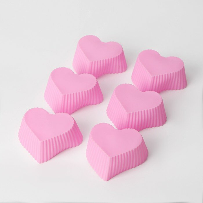 Набор силиконовых форм для выпечки «Сердце», 6 шт, 7×3×6 см, цвет розовый