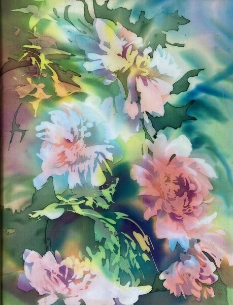 Арт-Салон на Октябрьской панно авторское "Букет пионов" шелк; горячий батик; 39х29 см.