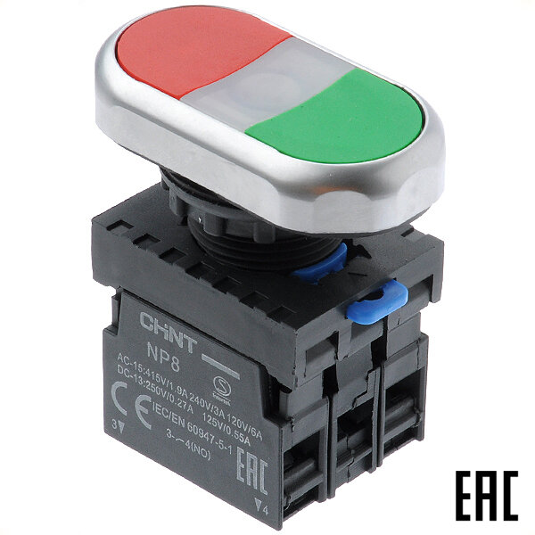 Выключатель кнопочный 577843 / 667175 NP8-11SD двойной красный/зеленый 1з+1р без фиксации подсветка