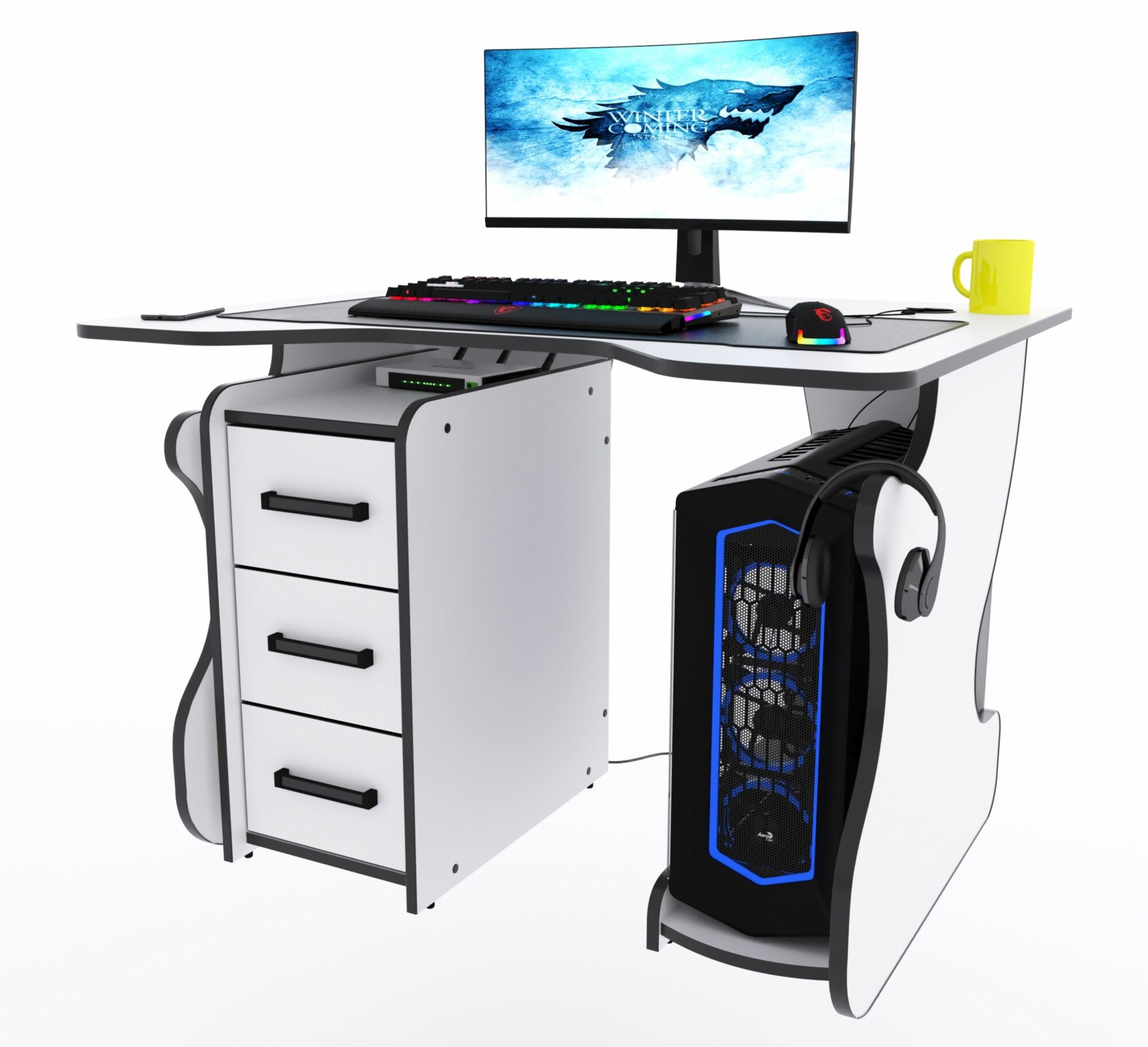 Игровой компьютерный стол "Даги" с тумбой, 100x80x75 см, белый с чёрной кромкой