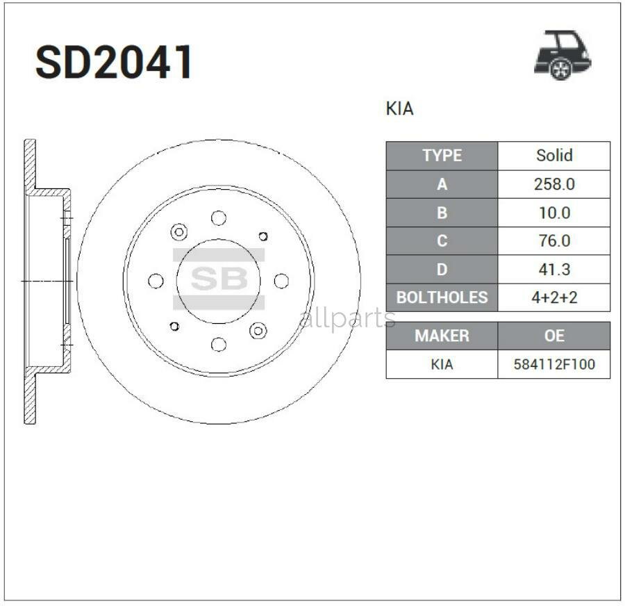 SANGSIN BRAKE SD2041 Диск тормозной (Сзади) Kia Cerato 04-09