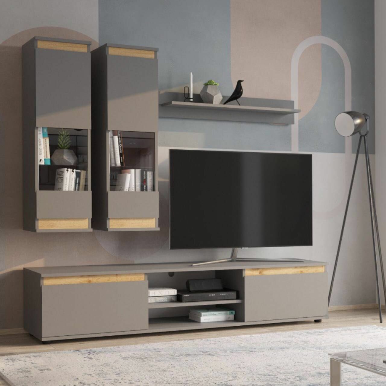 Стенка в гостиную Lucky, графит/дуб вотан, модульная стенка в гостиную