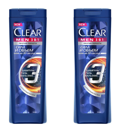Шампунь-бальзам-гель для душа Clear, 3 в1, для мужчин, объем и сила, 400 мл. 2 шт.