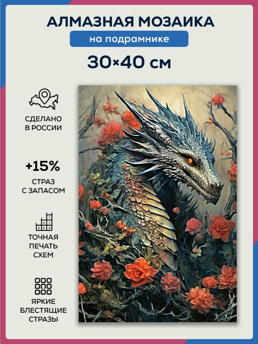 Алмазная мозаика 30x40 Дракон в цветах на подрамнике