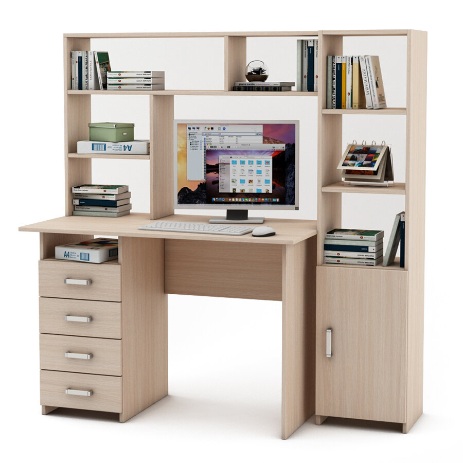 Стол письменный, компьютерный Лайт (Ньюкасл) 4 с надстройкой и стеллажом цвет: Дуб молочный