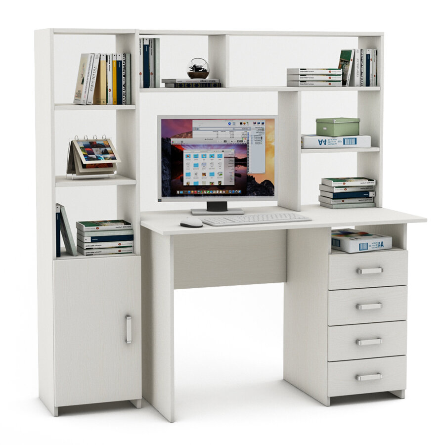 Стол письменный, компьютерный Лайт (Ньюкасл) 5 с надстройкой и стеллажом цвет: Белый