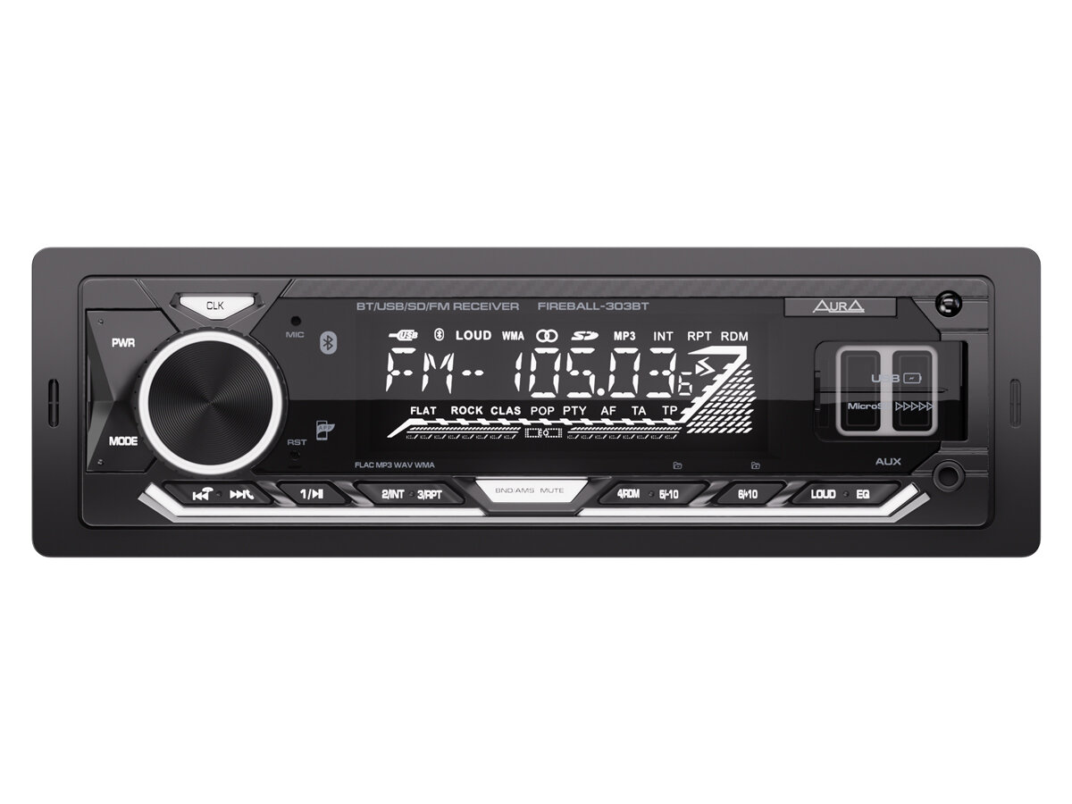 Автомагнитола AurA FIREBALL-303BT, USB/SD-ресивер, 4х51w, FLAC, 2xUSB/BT, APP, 2 RCA, белая подсветка