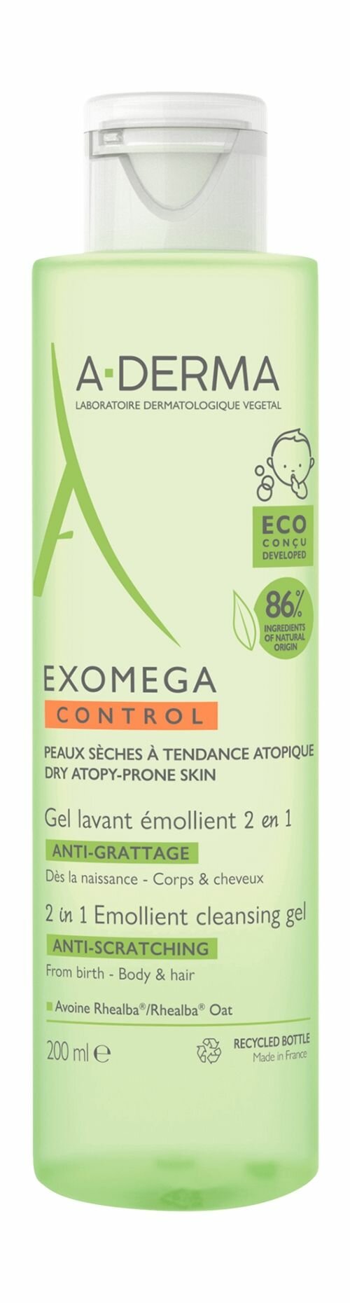 A-DERMA Exomega Control Гель для тела и волос 2-в-1 очищающий, 200 мл