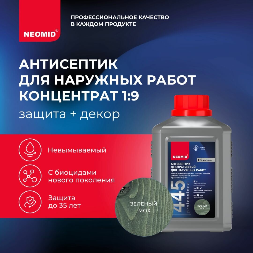 Декоративный антисептик для дерева NEOMID 445 (Зеленый мох) 0,5 кг / Защитная пропитка для деревянных фасадов