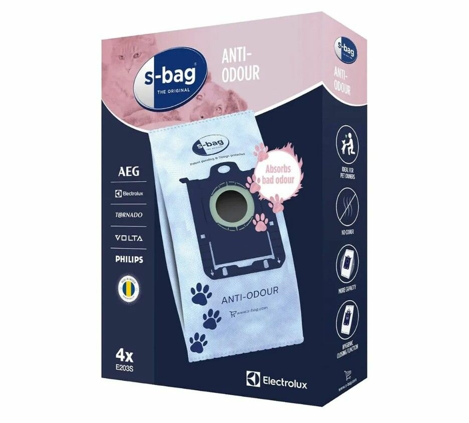 Мешки для пылесоса пылесборники синтетические Electrolux E203S ANTI-ODOUR с защитой от запахов, s-bag, 4 шт