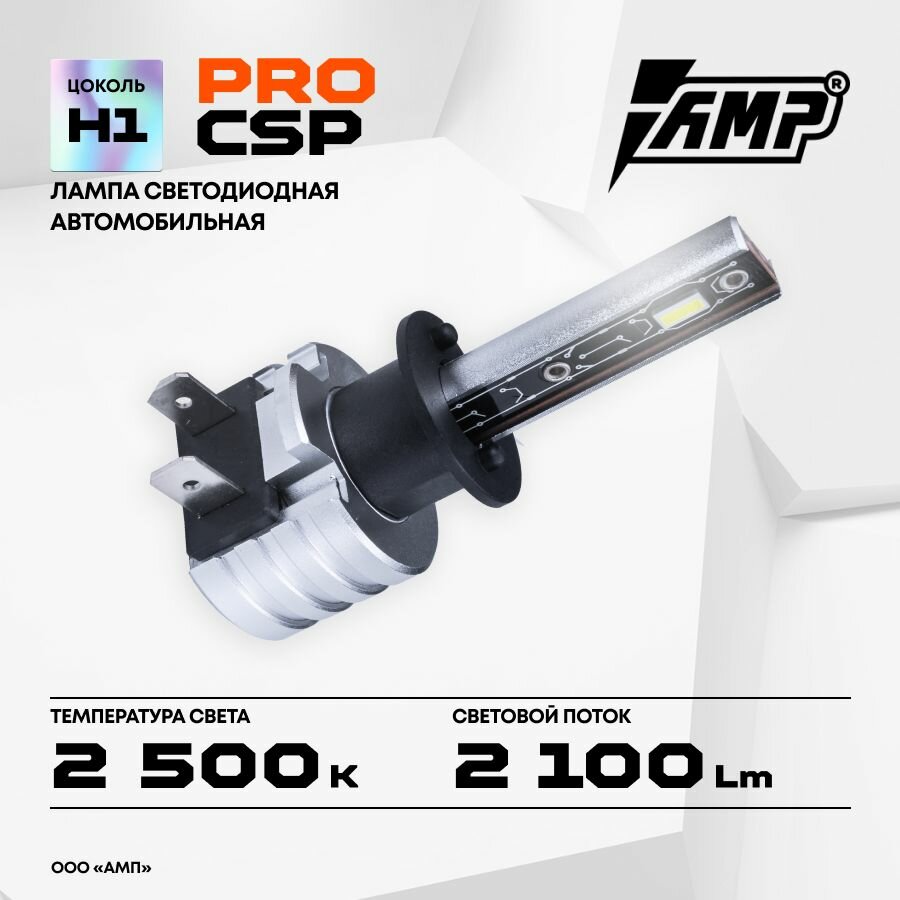 Лампы для авто AMP PRO CSP, H1, холодный белый свет, 6000К, 2шт