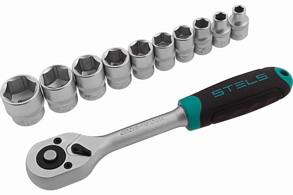 STELS Набор торцевых головок, 3/8", головки 7 - 22 мм, с трещот, ключом, CrV,11 предм 14126