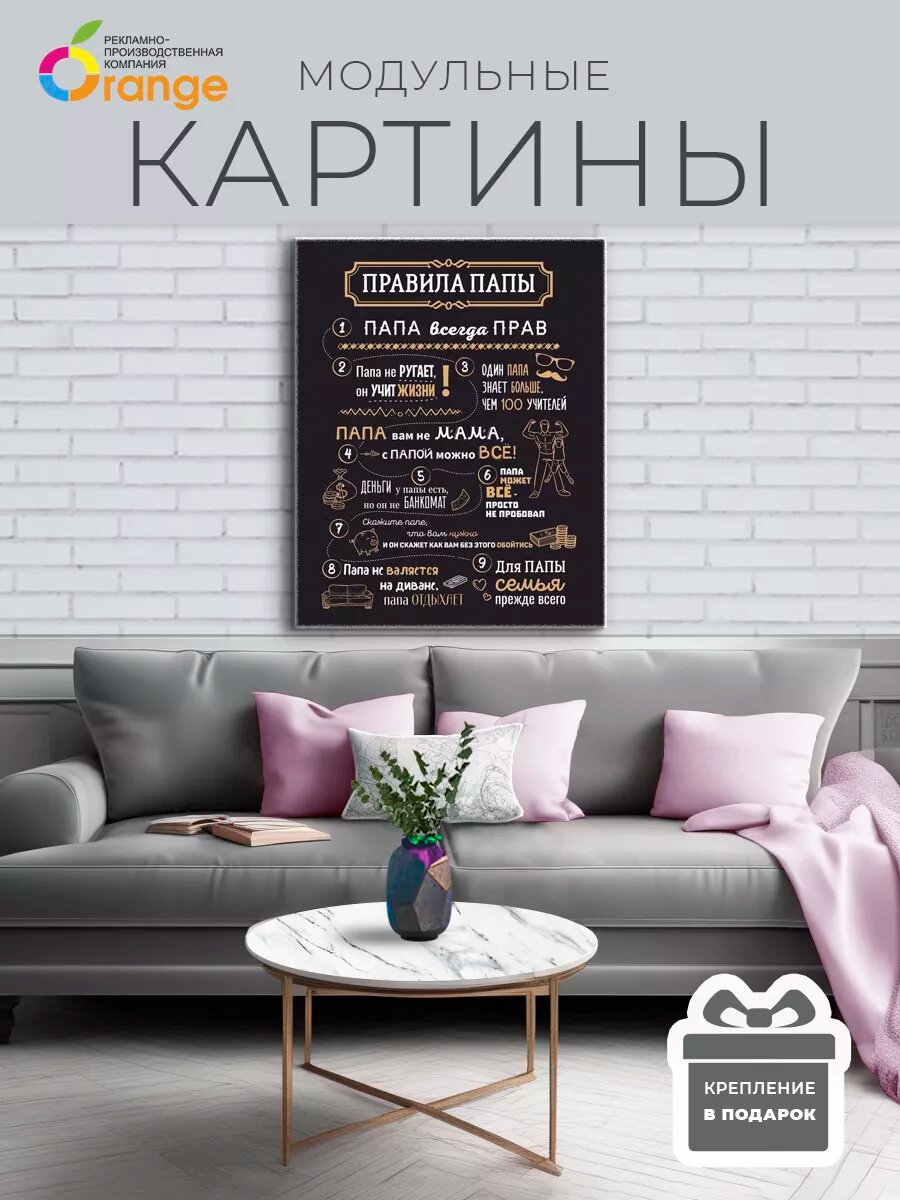 Постер на стену Правила папы 30х40см, синтетический холст, на подрамнике