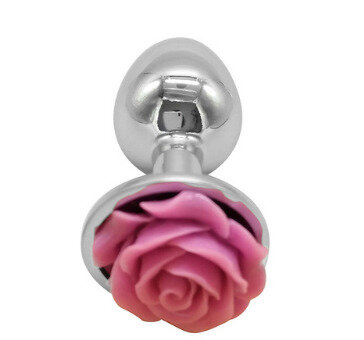 Анальная пробка из металла с красной розой диаметром 2,7 см серебристого цвета с розовым декором