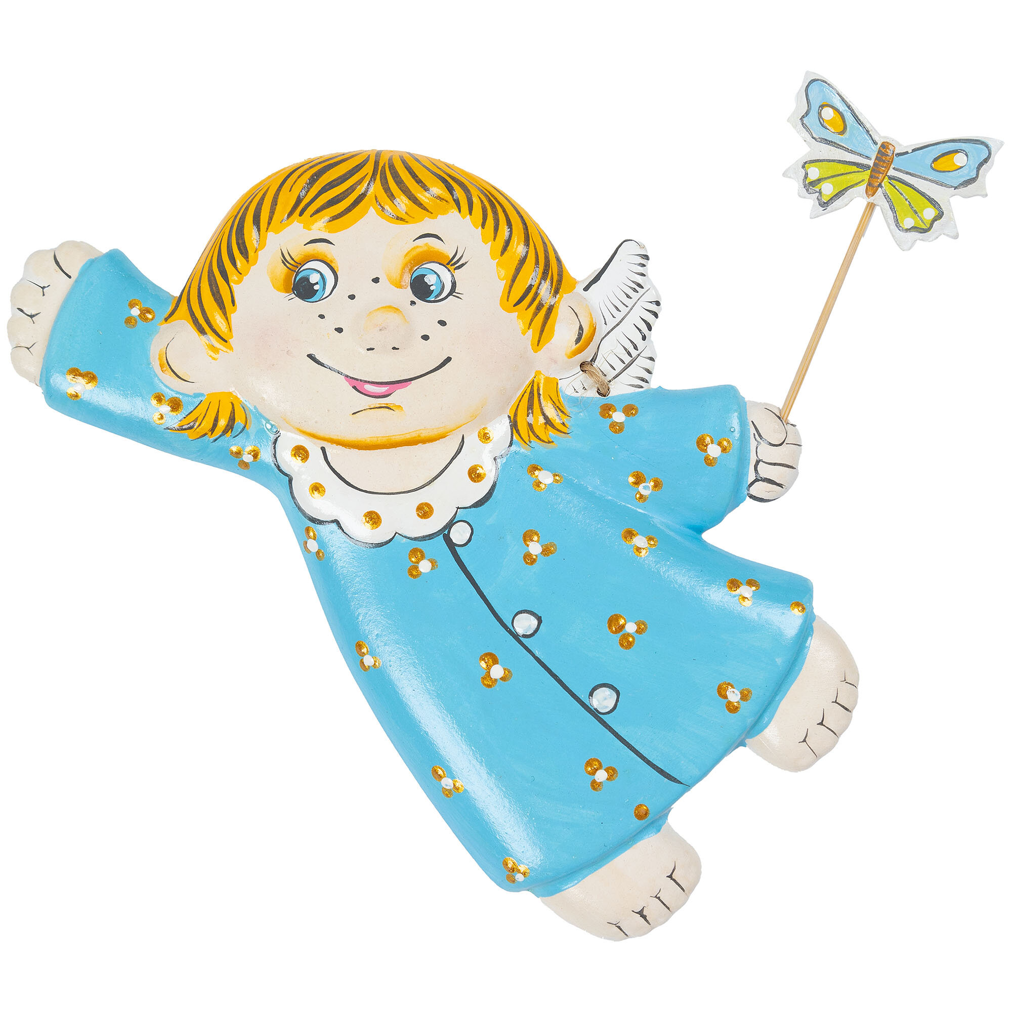 Панно декоративное Ангелочек летящий с бабочкой в голубой одежде керамическое авторской ручной работы