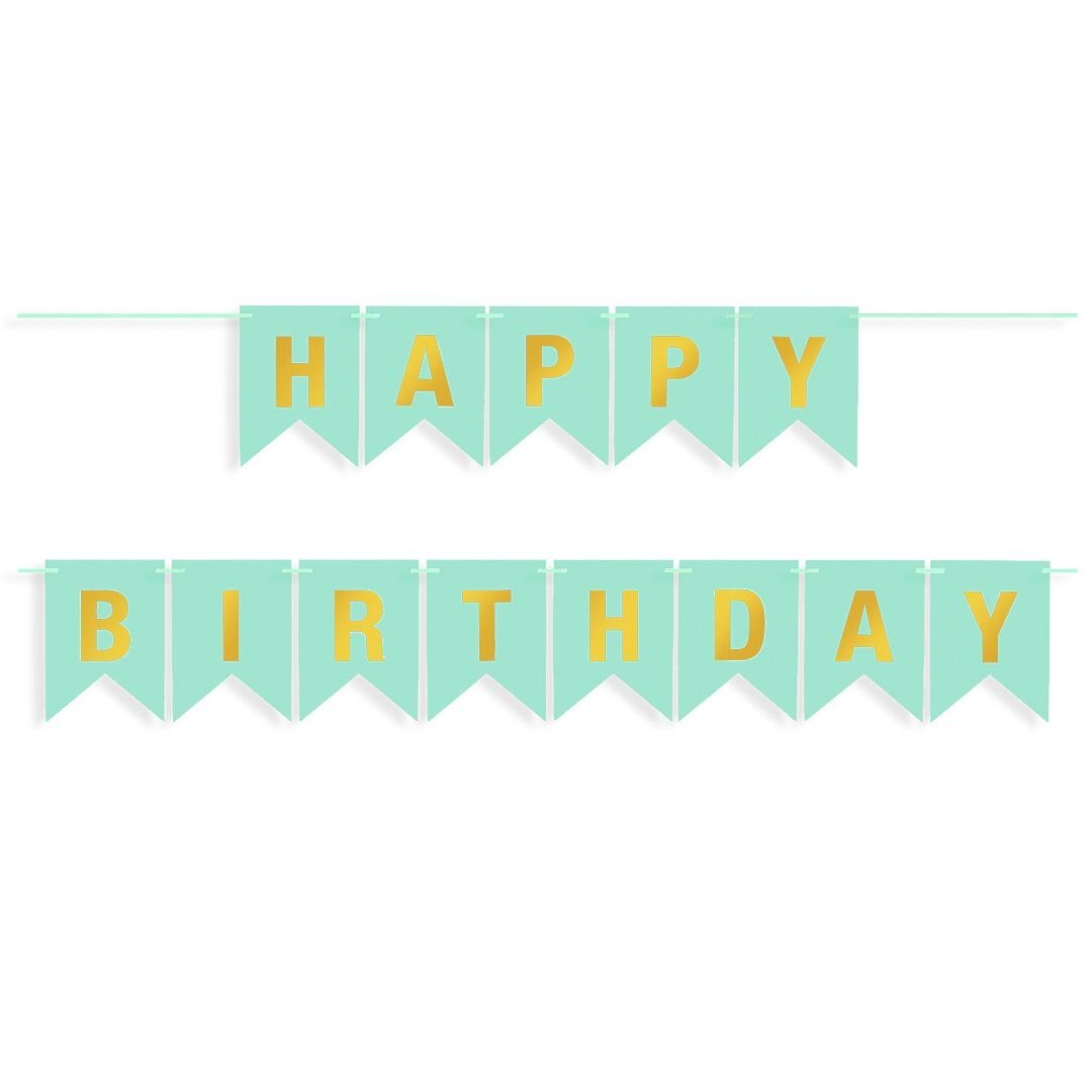 Гирлянда Флажки, Happy Birthday, Тиффани/Золото, Металлик, 500 см, 16*12 см, 1 упак.