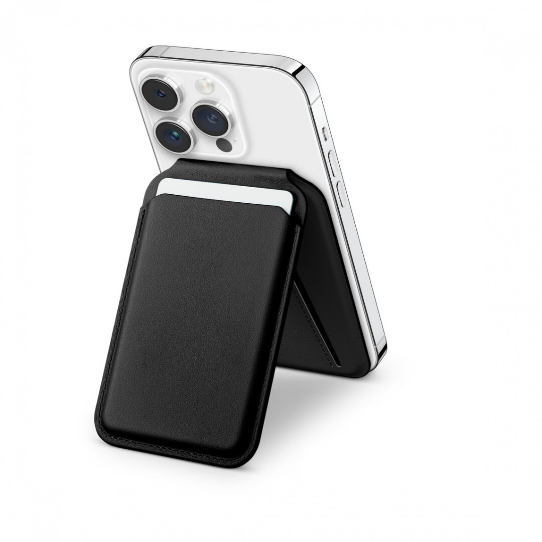 Чехол магнитный для банковских карт Magnetic Wallet Stand, MagSafe, кожаный, черный